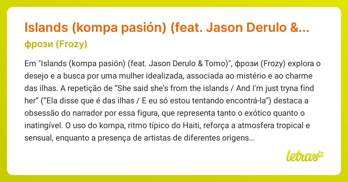 Significado da música Islands (kompa pasión) (feat. Jason Derulo & Tomo ...