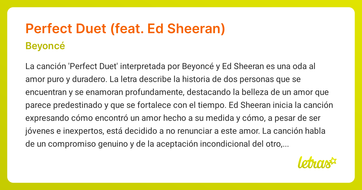 Significado de la canción Perfect Duet (feat. Ed Sheeran) (Beyoncé) - LETRAS.COM