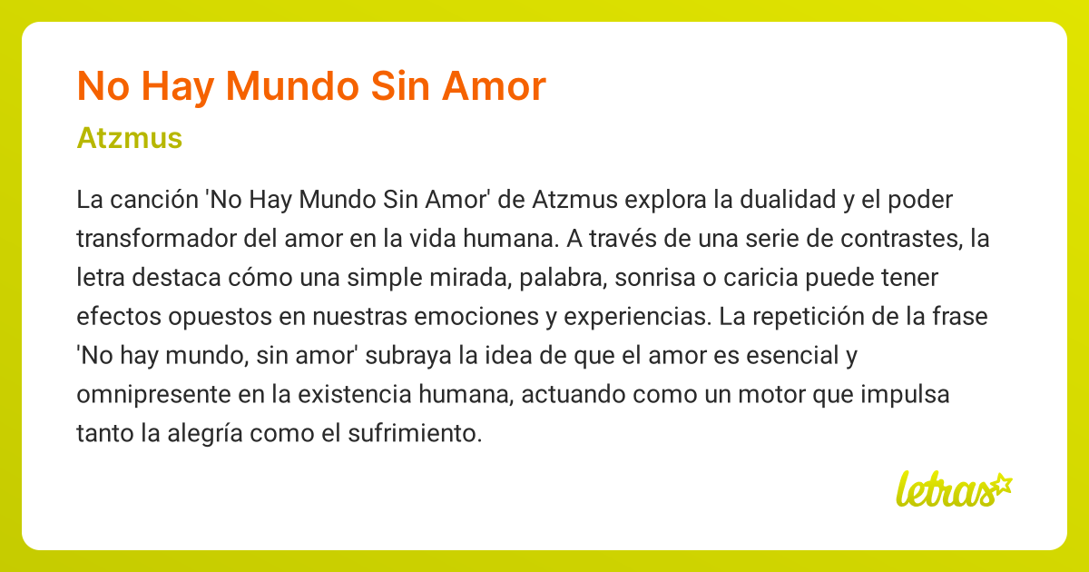 Significado de la canción NO HAY MUNDO SIN AMOR (Atzmus) - LETRAS.COM