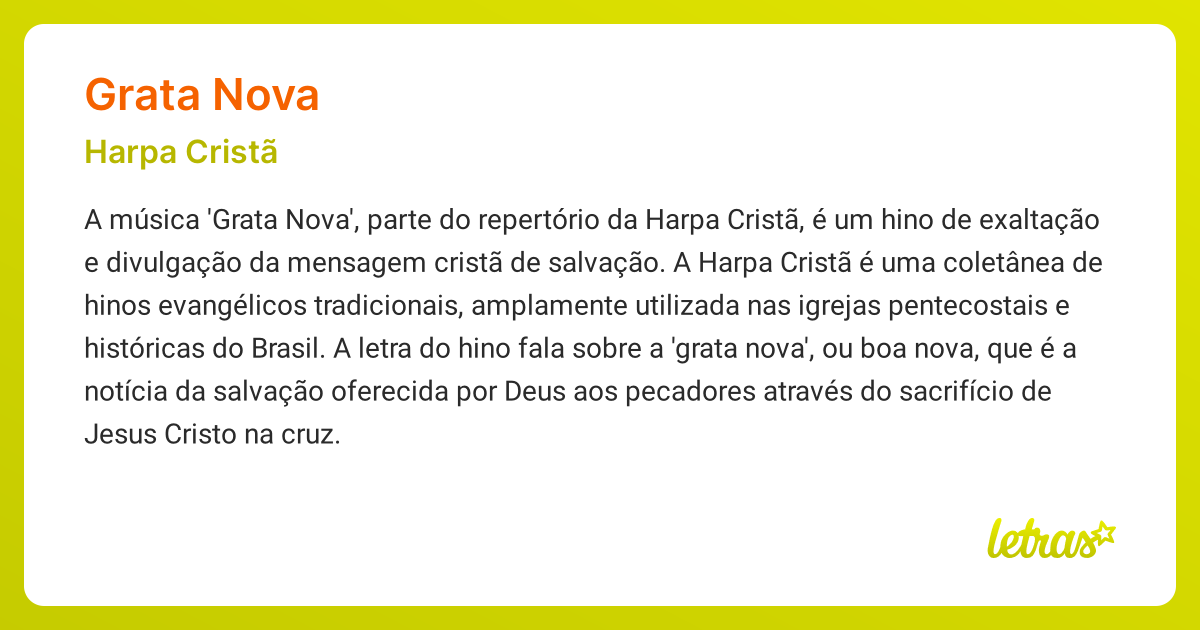 Significado da música GRATA NOVA (Harpa Cristã) - LETRAS.MUS.BR