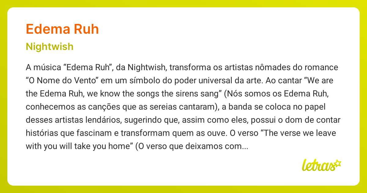Significado da música EDEMA RUH (Nightwish) - LETRAS.MUS.BR