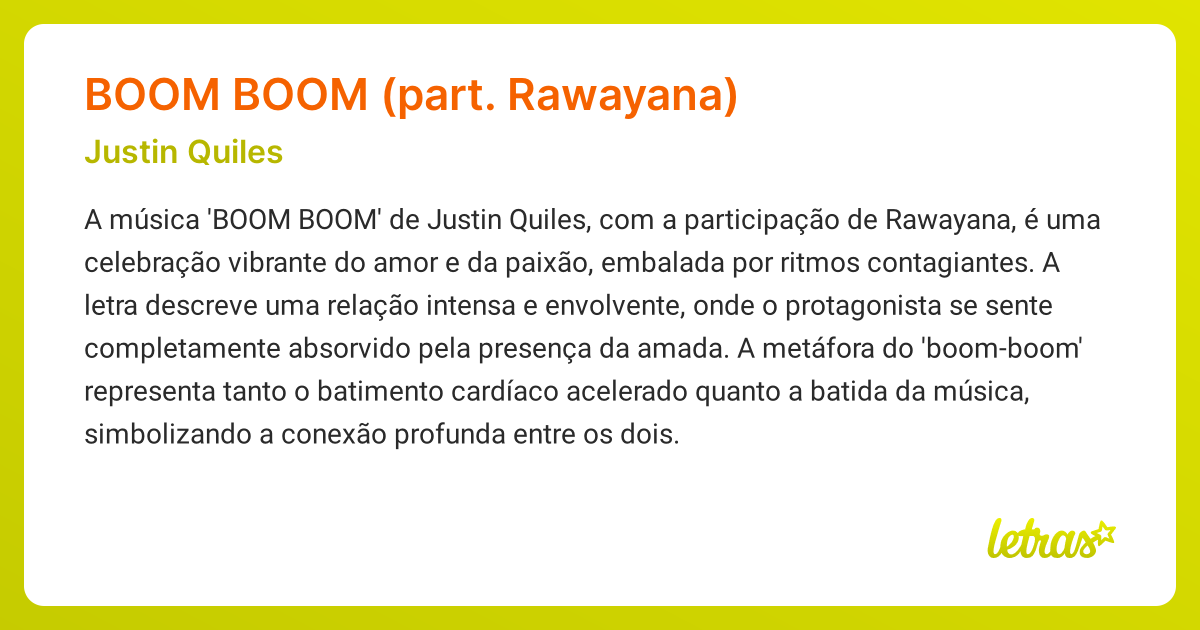 Significado da música BOOM BOOM (PART. RAWAYANA) (Justin Quiles ...