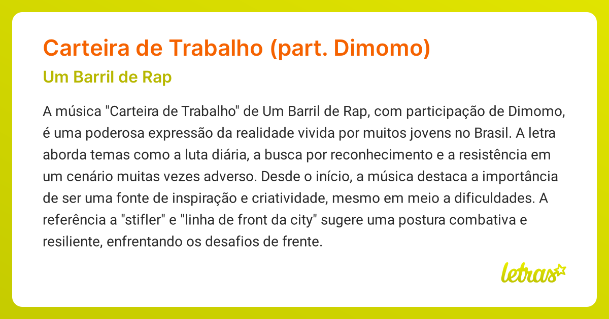 Significado da música Carteira de Trabalho (part. Dimomo) (Um Barril de ...