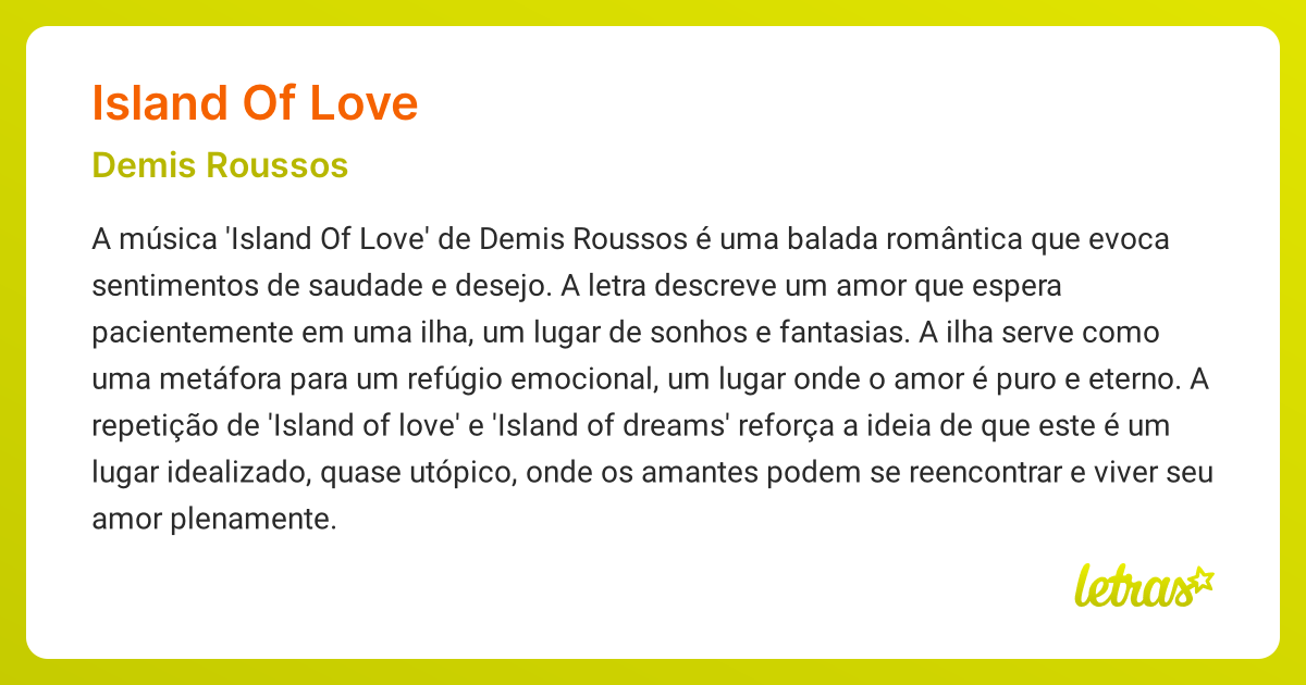 Significado da música ISLAND OF LOVE (Demis Roussos) - LETRAS.MUS.BR