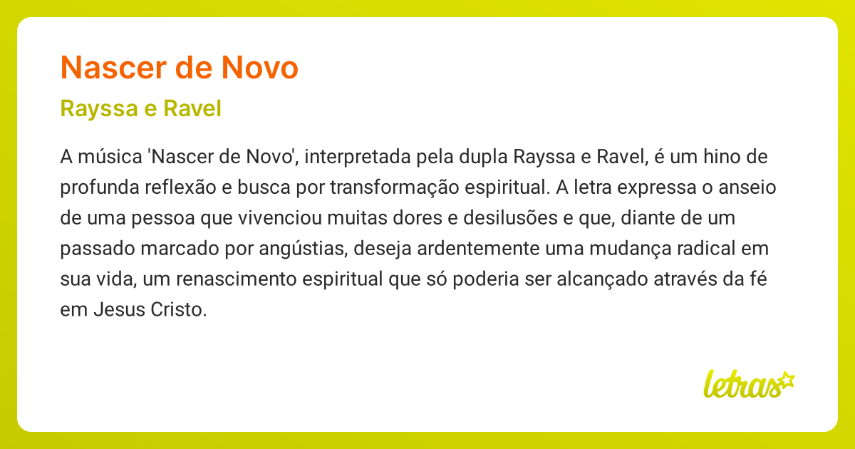 Significado da música NASCER DE NOVO (Rayssa e Ravel) - LETRAS.MUS.BR