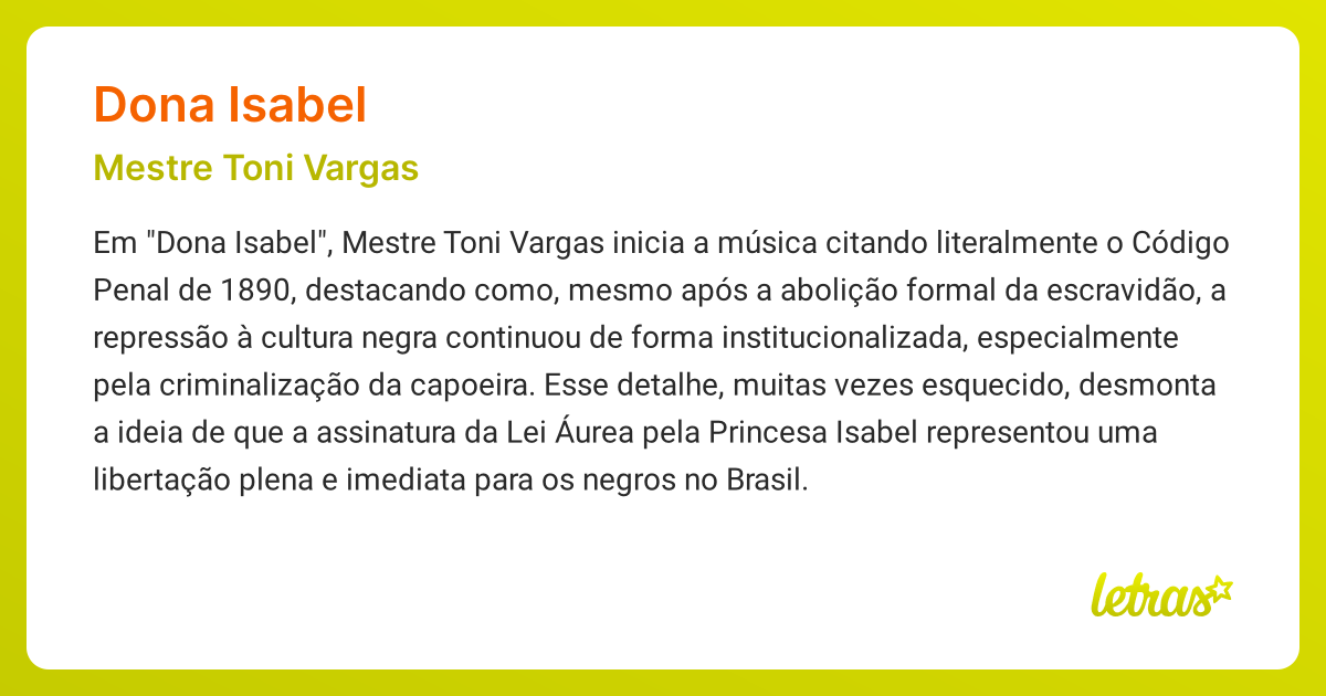 Significado da música DONA ISABEL (Mestre Toni Vargas) - LETRAS.MUS.BR