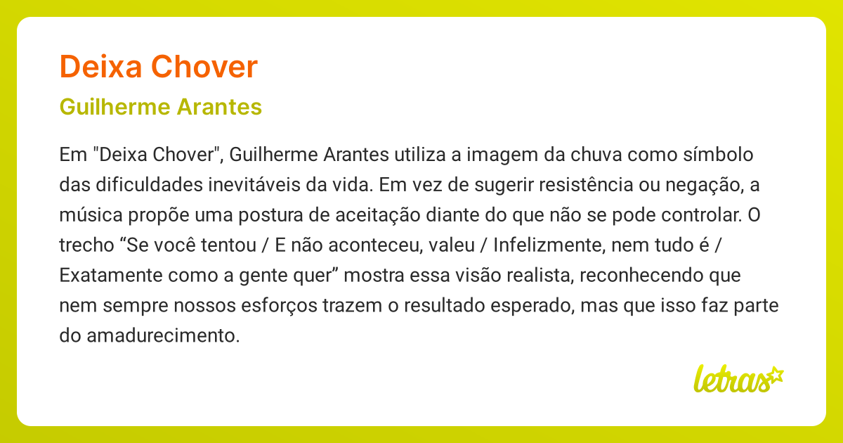 Significado da música DEIXA CHOVER (Guilherme Arantes) - LETRAS.MUS.BR