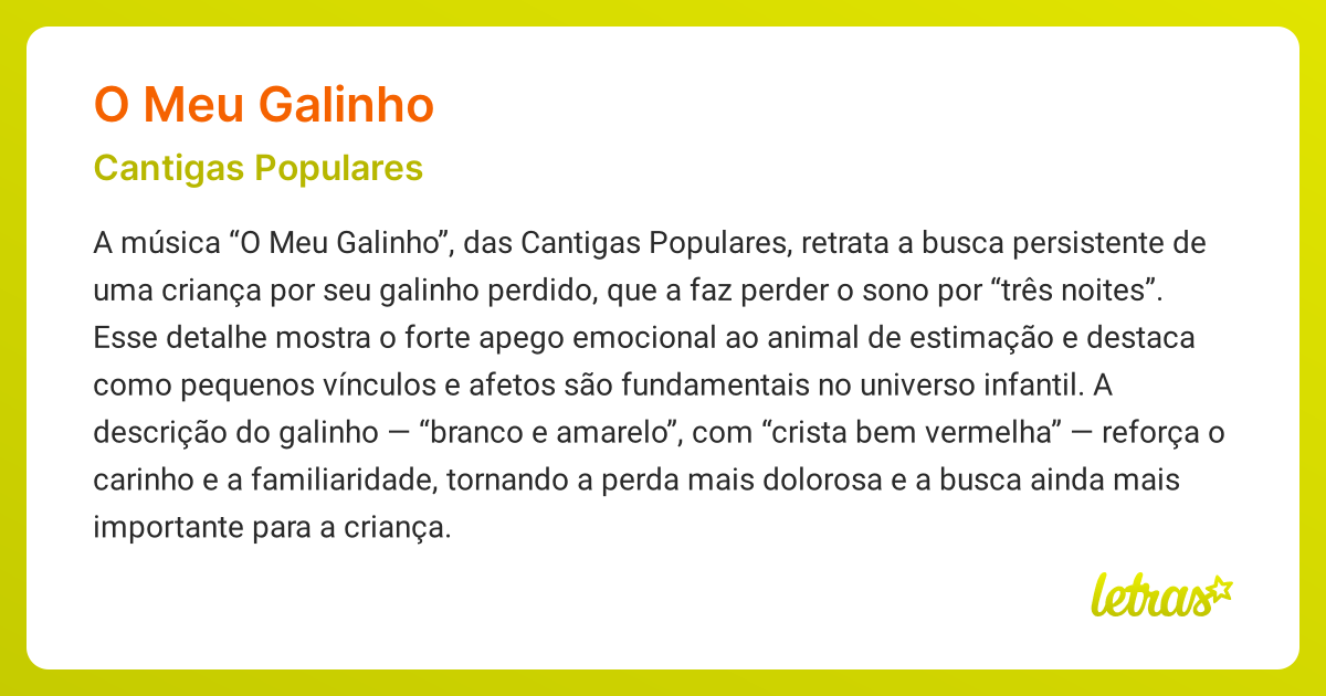 Significado da música O MEU GALINHO (Cantigas Populares) - LETRAS.MUS.BR