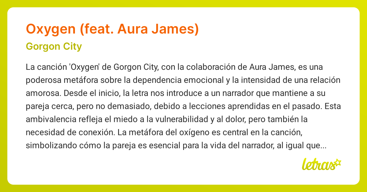 Significado de la canción OXYGEN (FEAT. AURA JAMES) (Gorgon City ...