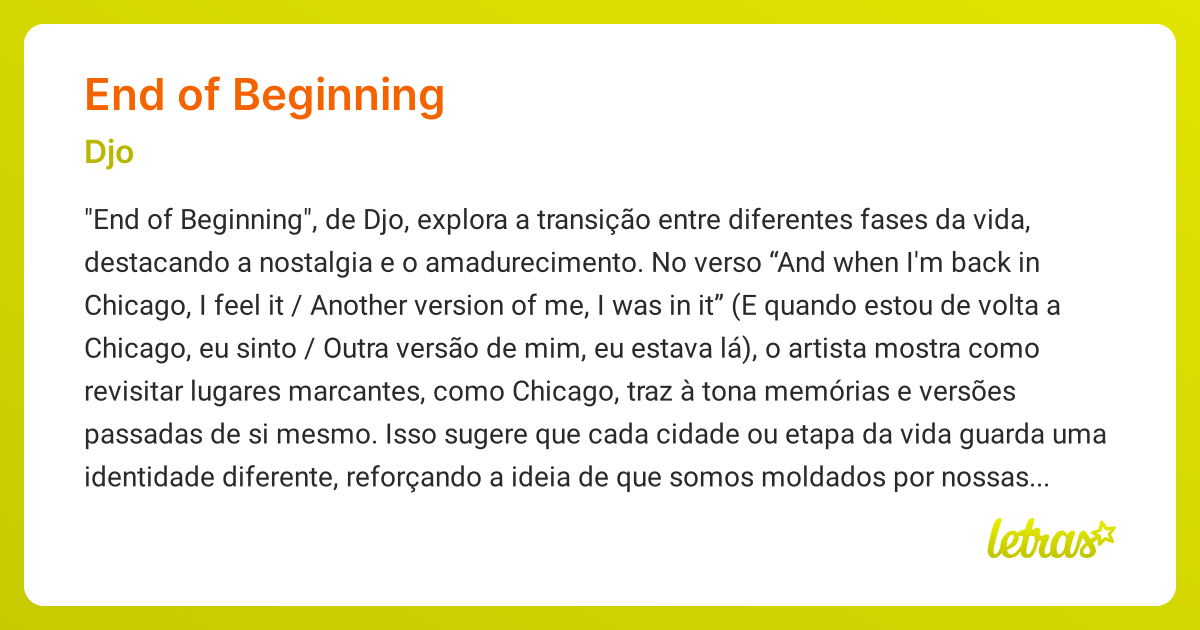 Significado da música END OF BEGINNING (Djo) - LETRAS.MUS.BR