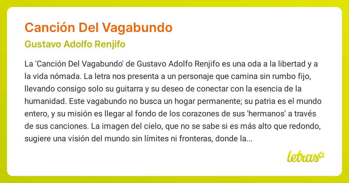 Significado de la canción CANCIÓN DEL VAGABUNDO (Gustavo Adolfo Renjifo ...