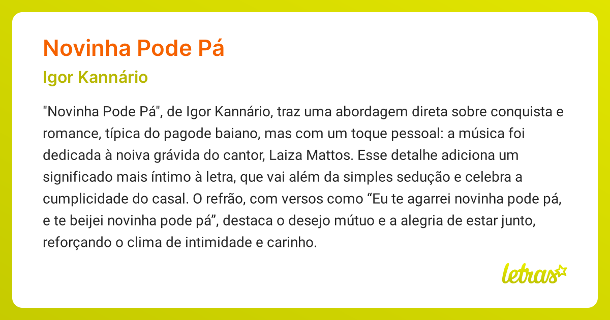 Significado da música NOVINHA PODE PÁ (Igor Kannário) - LETRAS.MUS.BR