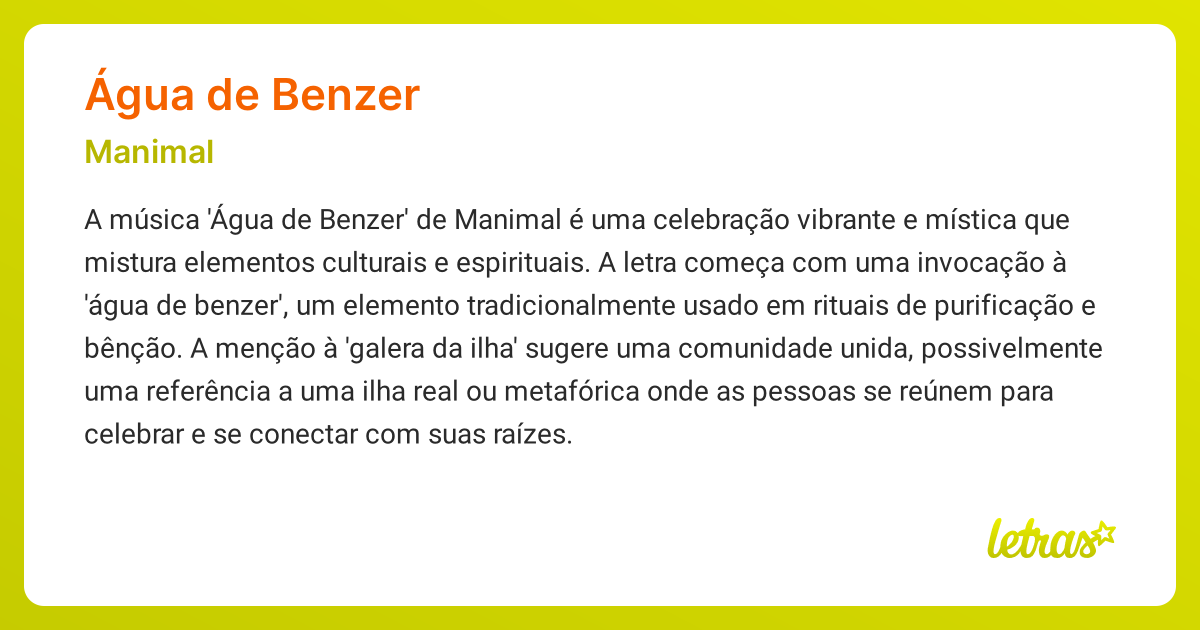 Significado da música ÁGUA DE BENZER (Manimal) - LETRAS.MUS.BR