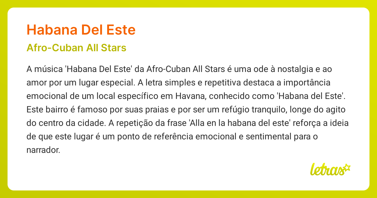 Significado da música HABANA DEL ESTE (Afro-Cuban All Stars) - LETRAS ...