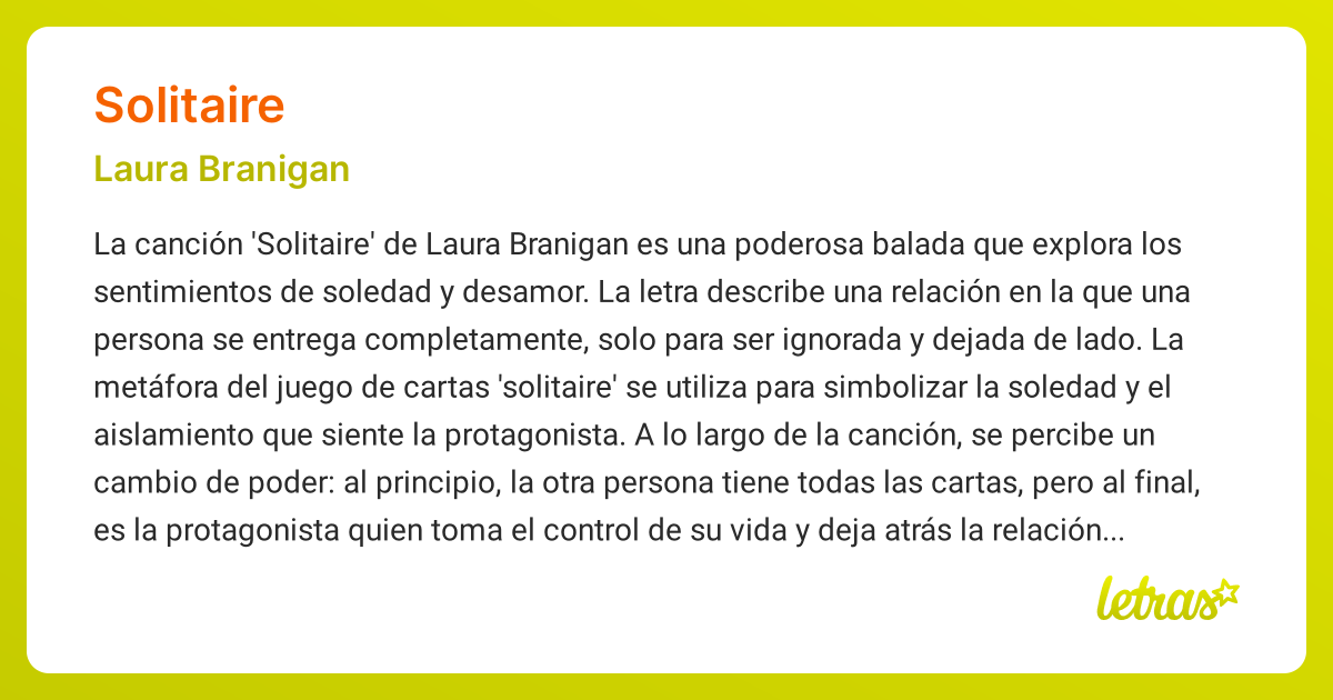 Significado de la canción SOLITAIRE (Laura Branigan) - LETRAS.COM