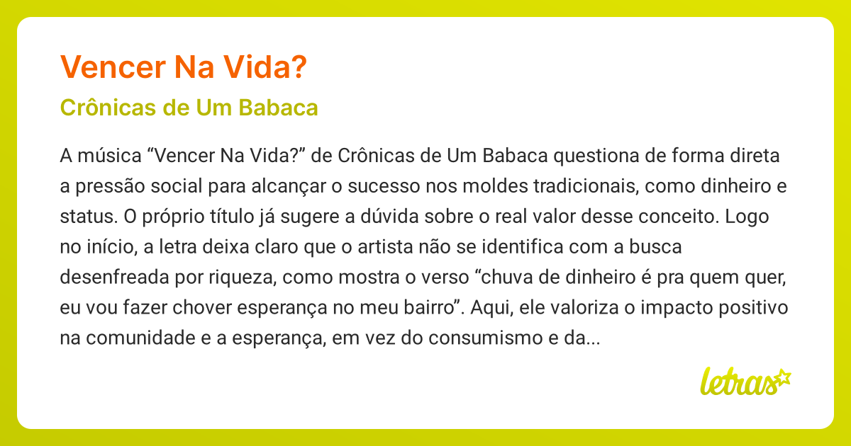 Significado da música VENCER NA VIDA? (Crônicas de Um Babaca) - LETRAS ...