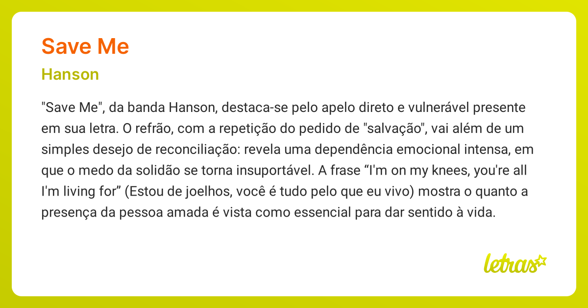 Significado da música SAVE ME (Hanson) - LETRAS.MUS.BR