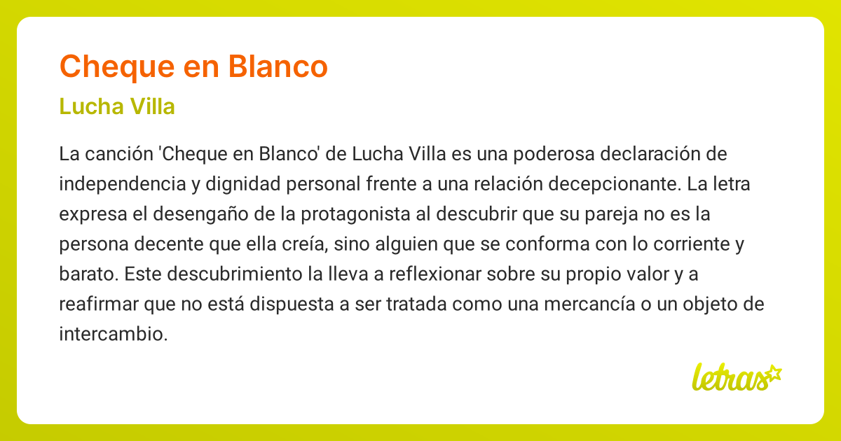Significado de la canción CHEQUE EN BLANCO (Lucha Villa) - LETRAS.COM