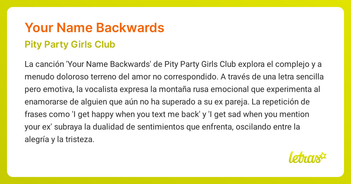 Significado de la canción YOUR NAME BACKWARDS (Pity Party Girls Club ...