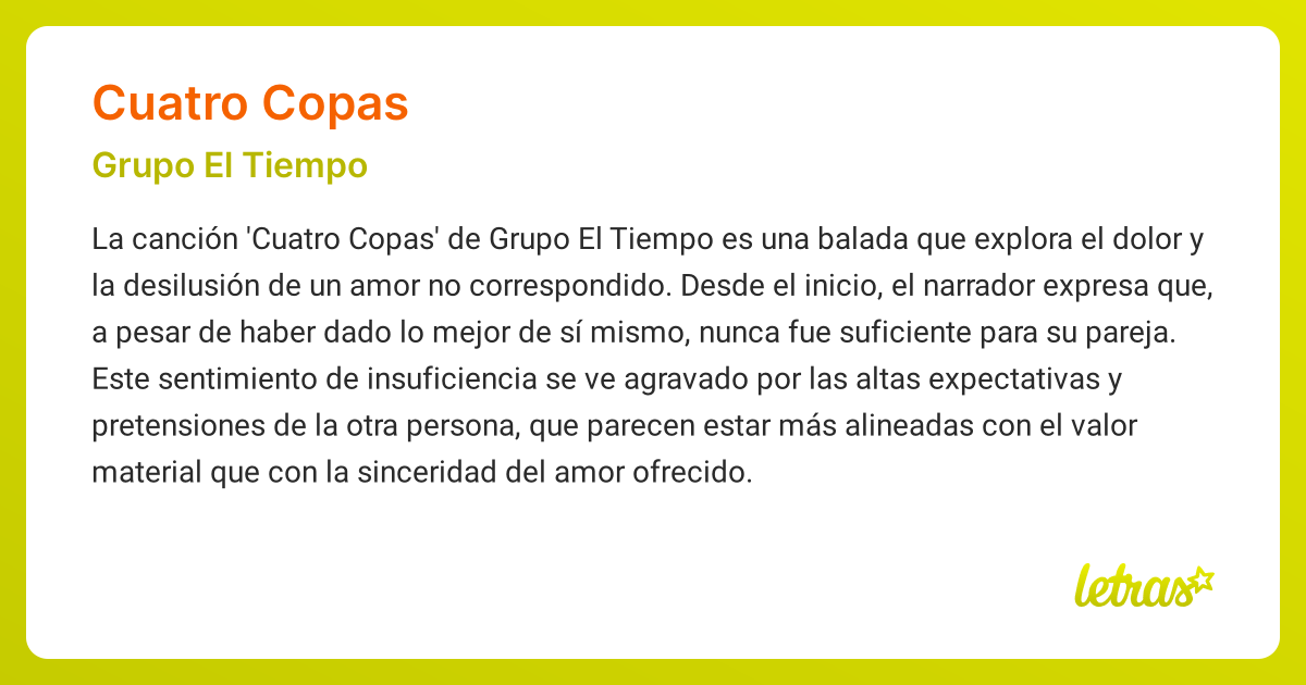 Significado de la canción CUATRO COPAS (Grupo El Tiempo) - LETRAS.COM