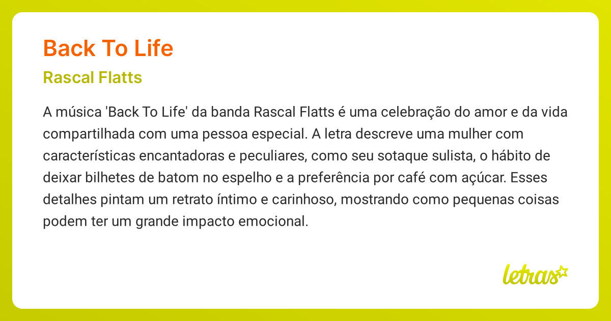 Significado da música BACK TO LIFE (Rascal Flatts) - LETRAS.MUS.BR