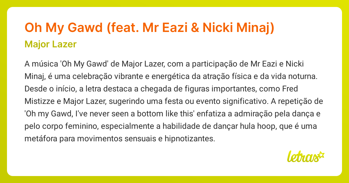 Significado da música Oh My Gawd (feat. Mr Eazi & Nicki Minaj) (Major ...