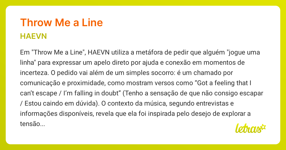 Significado da música THROW ME A LINE (HAEVN) - LETRAS.MUS.BR