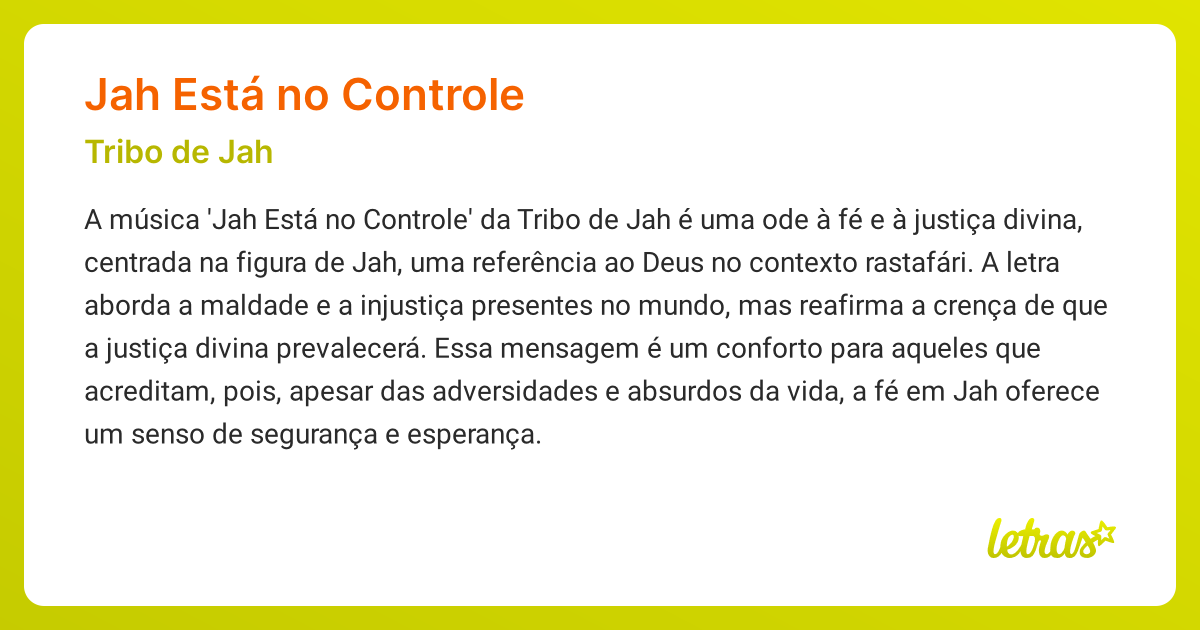 Significado da música JAH ESTÁ NO CONTROLE (Tribo de Jah) - LETRAS.MUS.BR