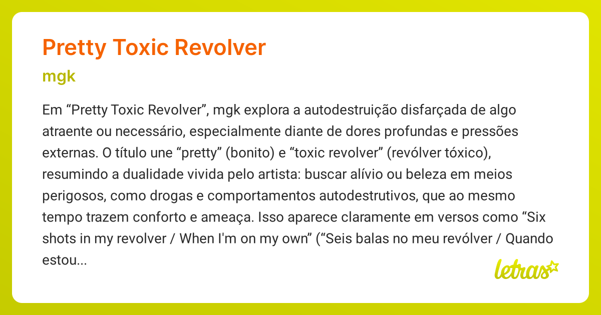 Significado da música PRETTY TOXIC REVOLVER (mgk) - LETRAS.MUS.BR