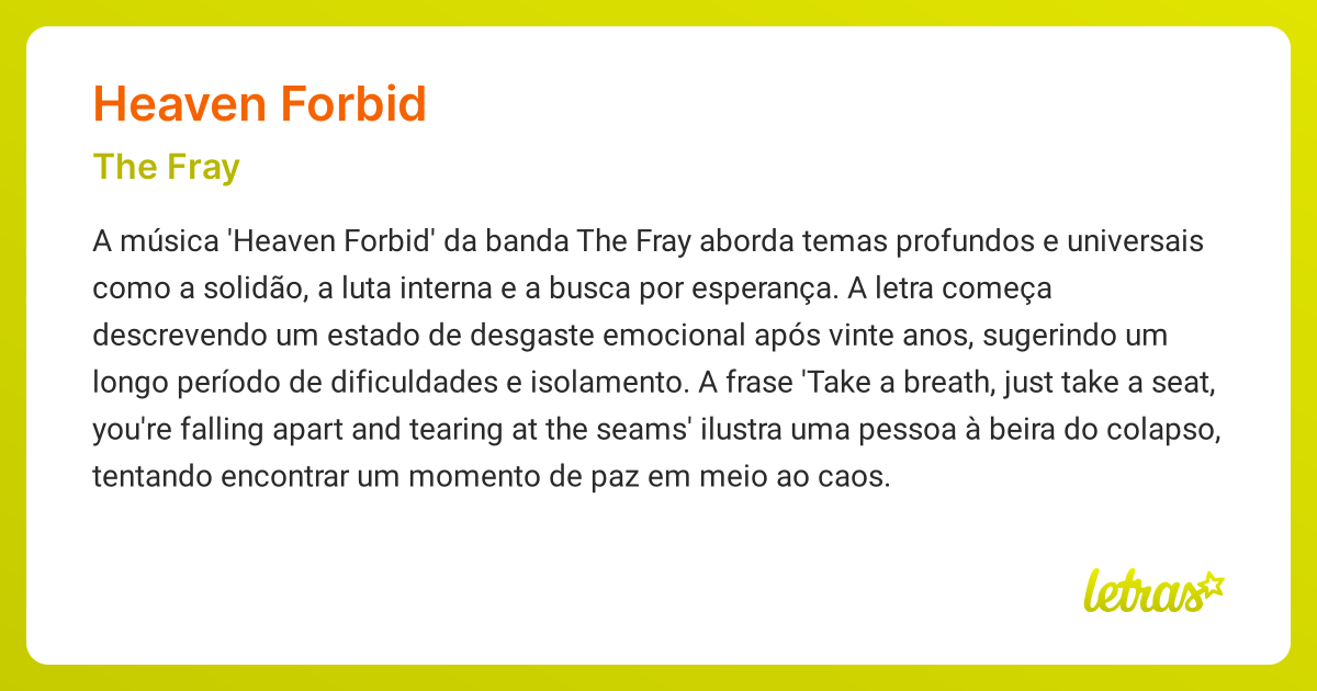 Significado da música HEAVEN FORBID (The Fray) - LETRAS.MUS.BR