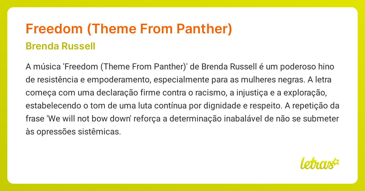 Significado da música FREEDOM (THEME FROM PANTHER) (Brenda Russell ...