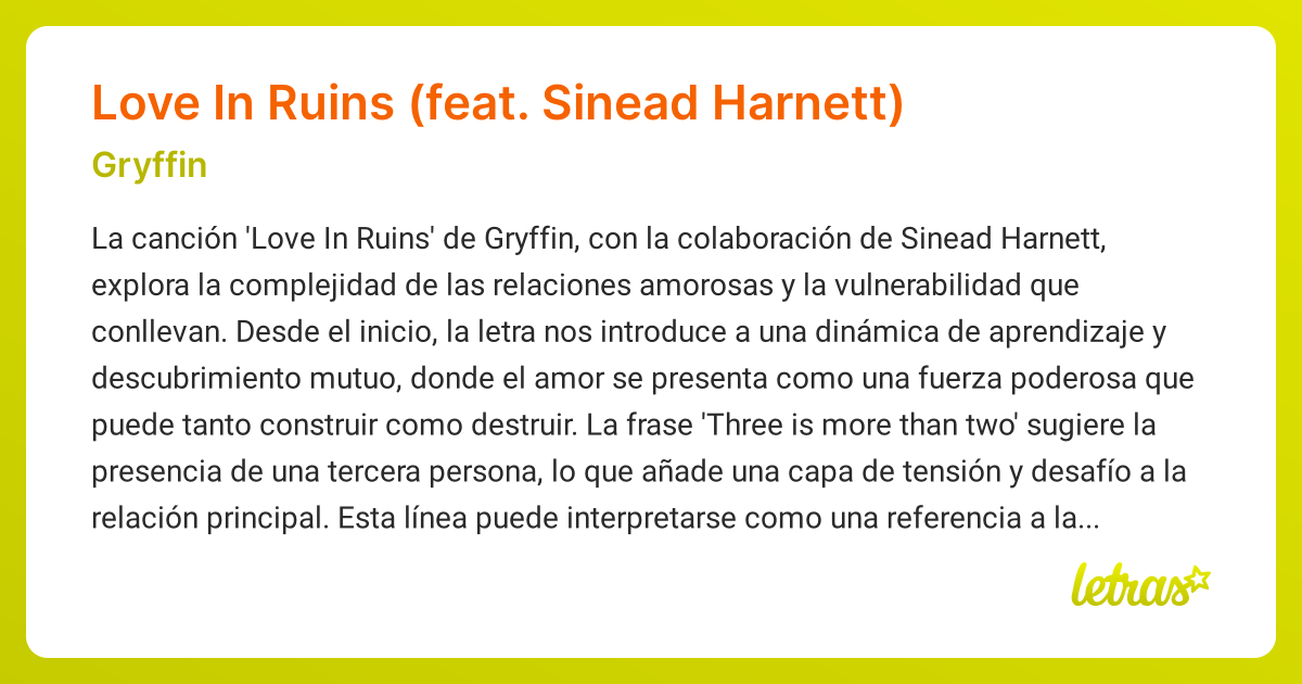 Significado de la canción Love In Ruins (feat. Sinead Harnett) (Gryffin ...