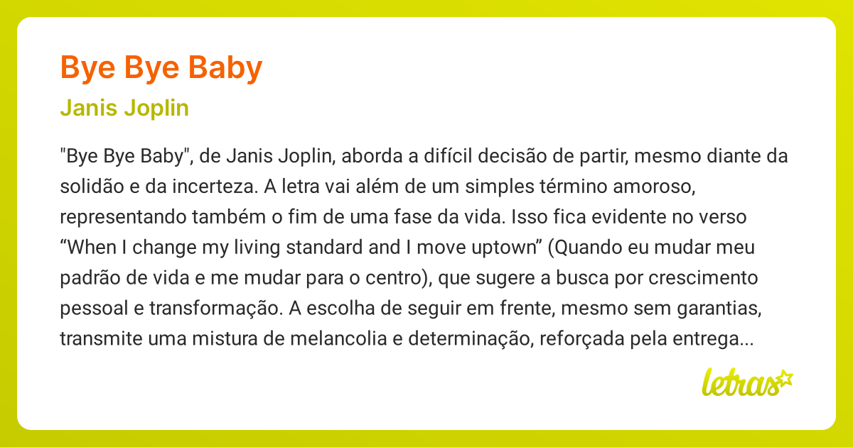 Significado da música BYE BYE BABY (Janis Joplin) - LETRAS.MUS.BR
