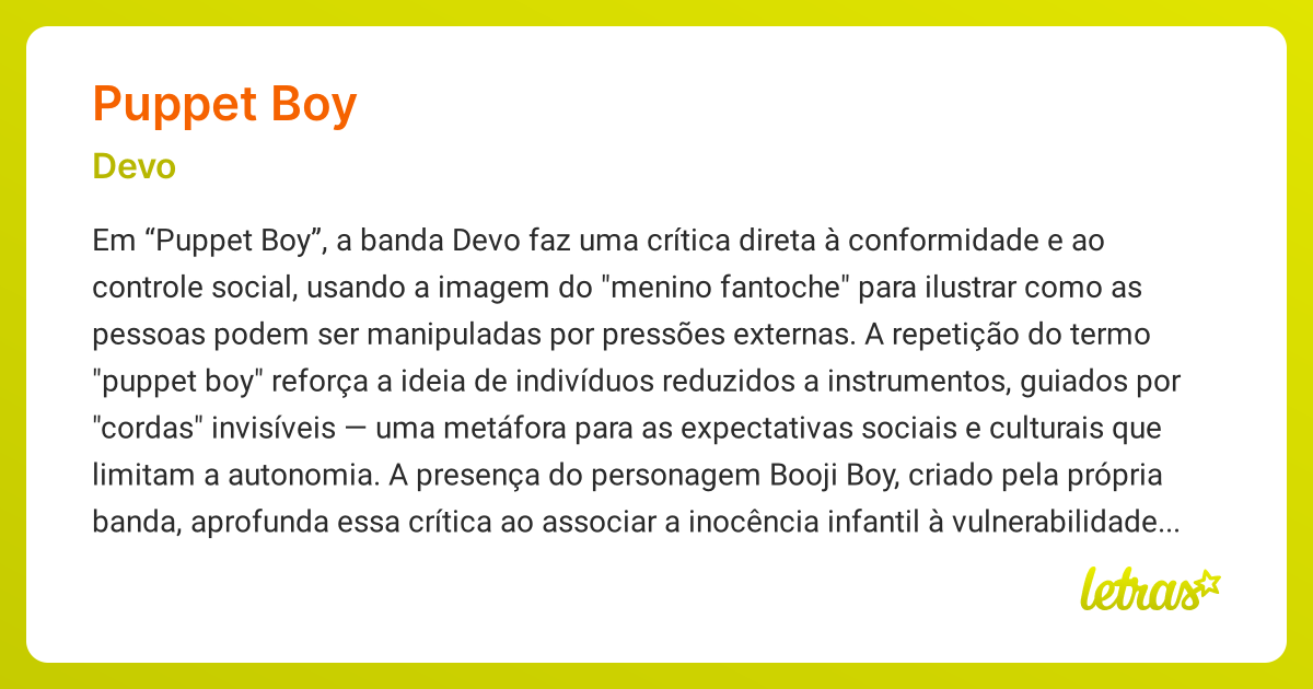 Significado da música PUPPET BOY (Devo) - LETRAS.MUS.BR