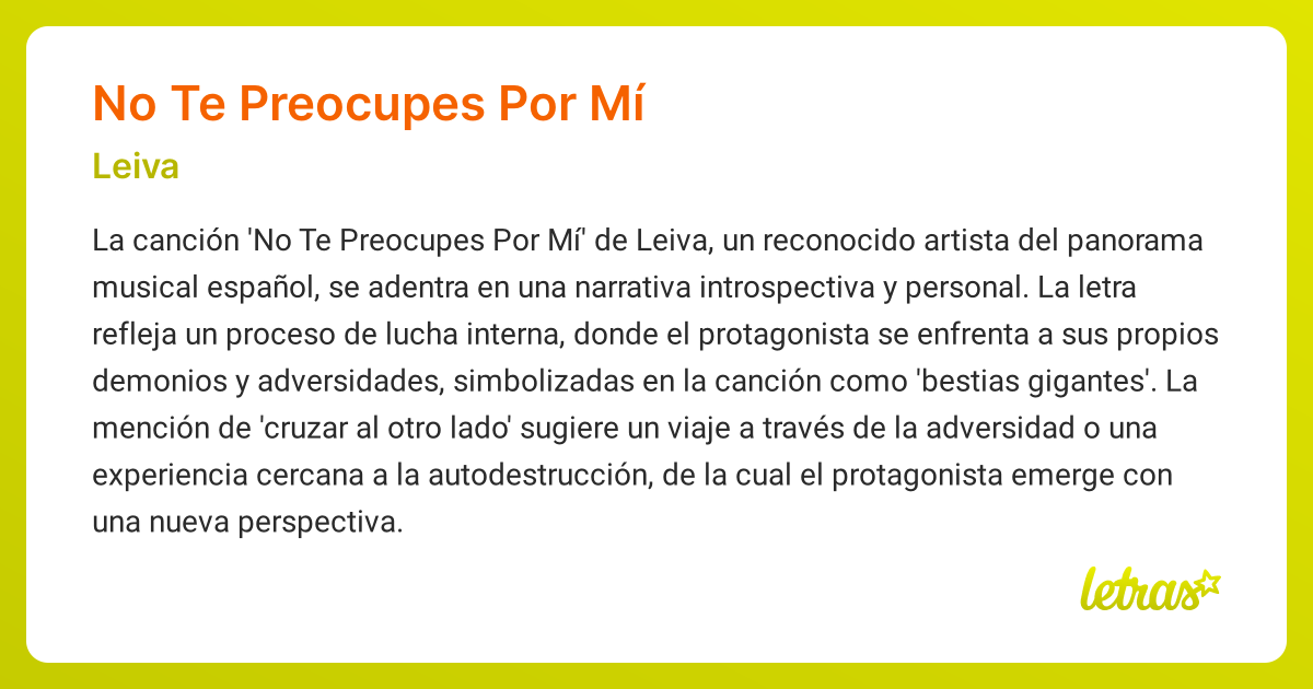 Significado de la canción NO TE PREOCUPES POR MÍ (Leiva) - LETRAS.COM