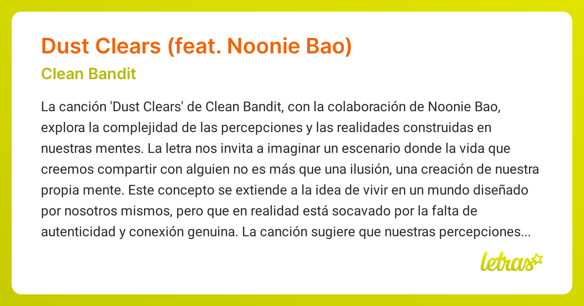 Significado de la canción DUST CLEARS (FEAT. NOONIE BAO) (Clean Bandit ...