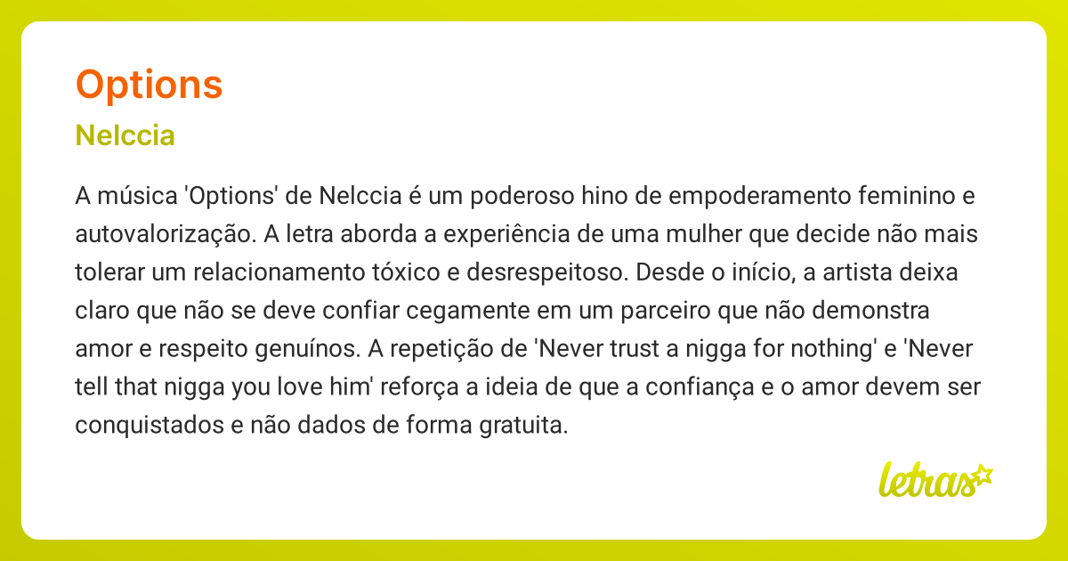 Significado da música OPTIONS (Nelccia) - LETRAS.MUS.BR