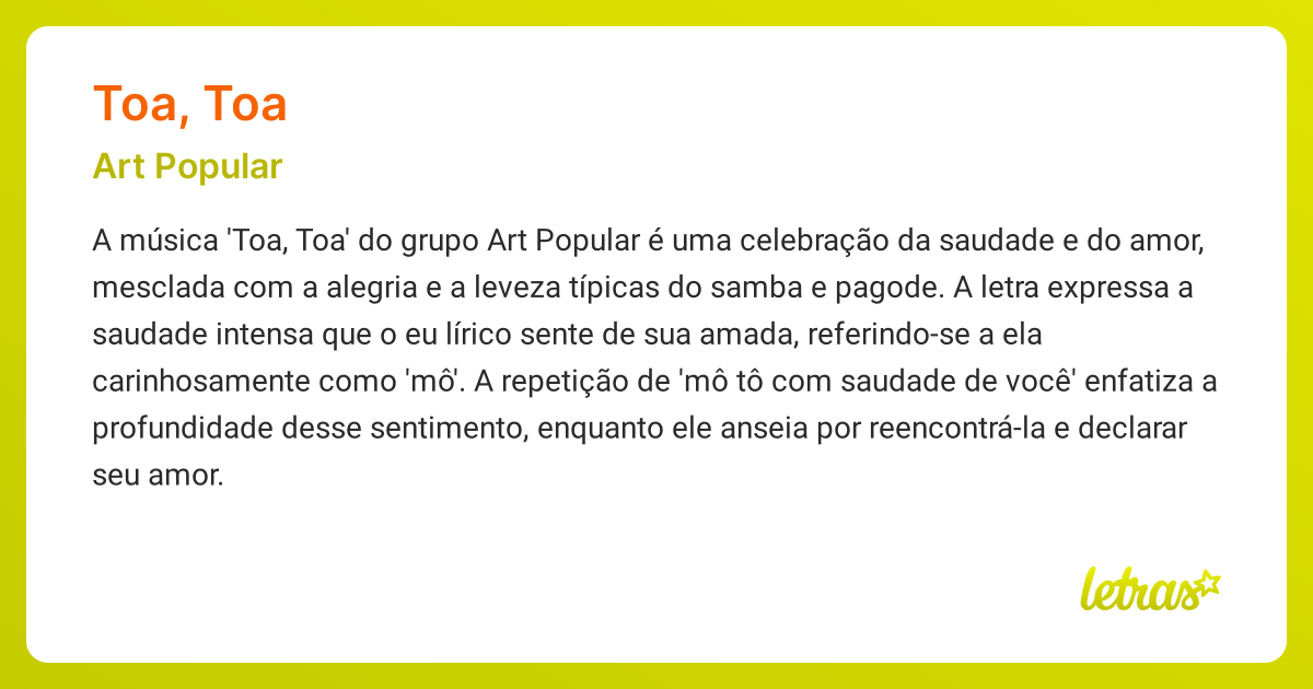 Significado da música TOA, TOA (Art Popular) - LETRAS.MUS.BR