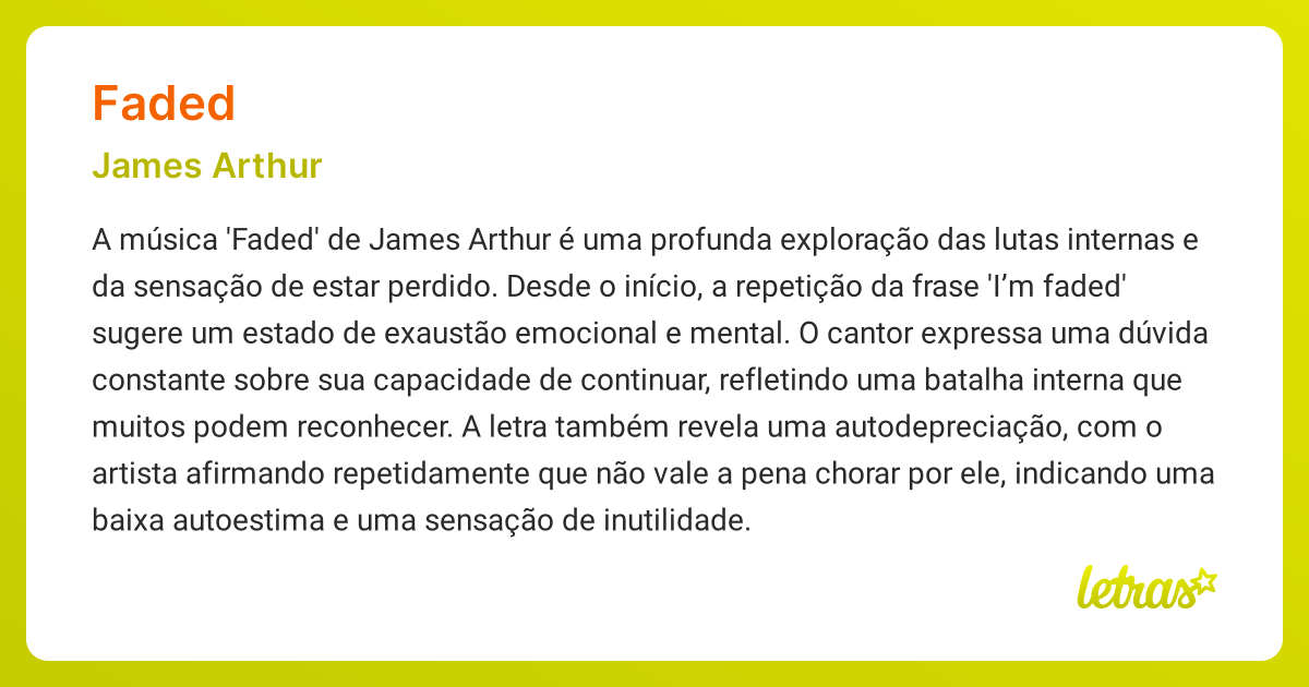 Significado da música FADED (James Arthur) - LETRAS.MUS.BR