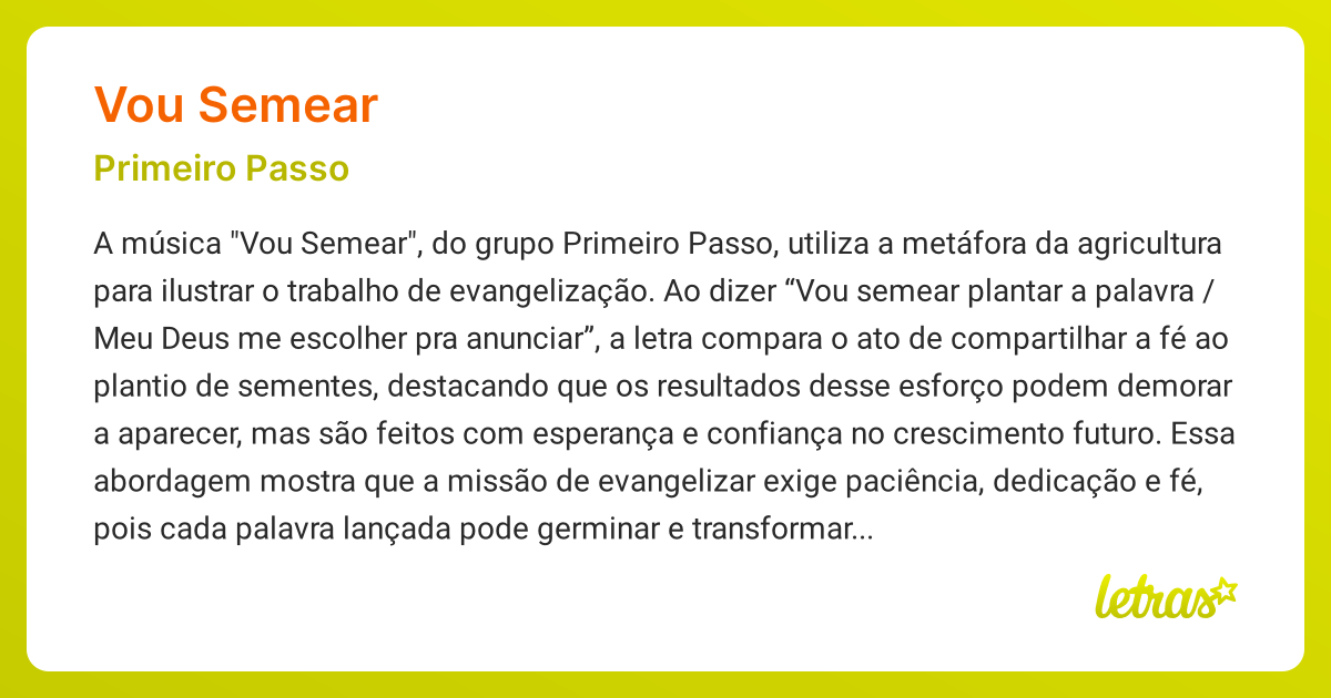 Significado da música VOU SEMEAR (Primeiro Passo) - LETRAS.MUS.BR