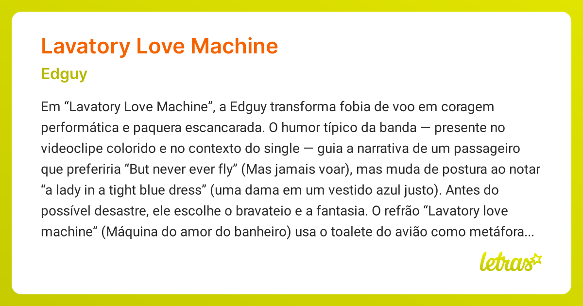 Significado da música LAVATORY LOVE MACHINE (Edguy) - LETRAS.MUS.BR