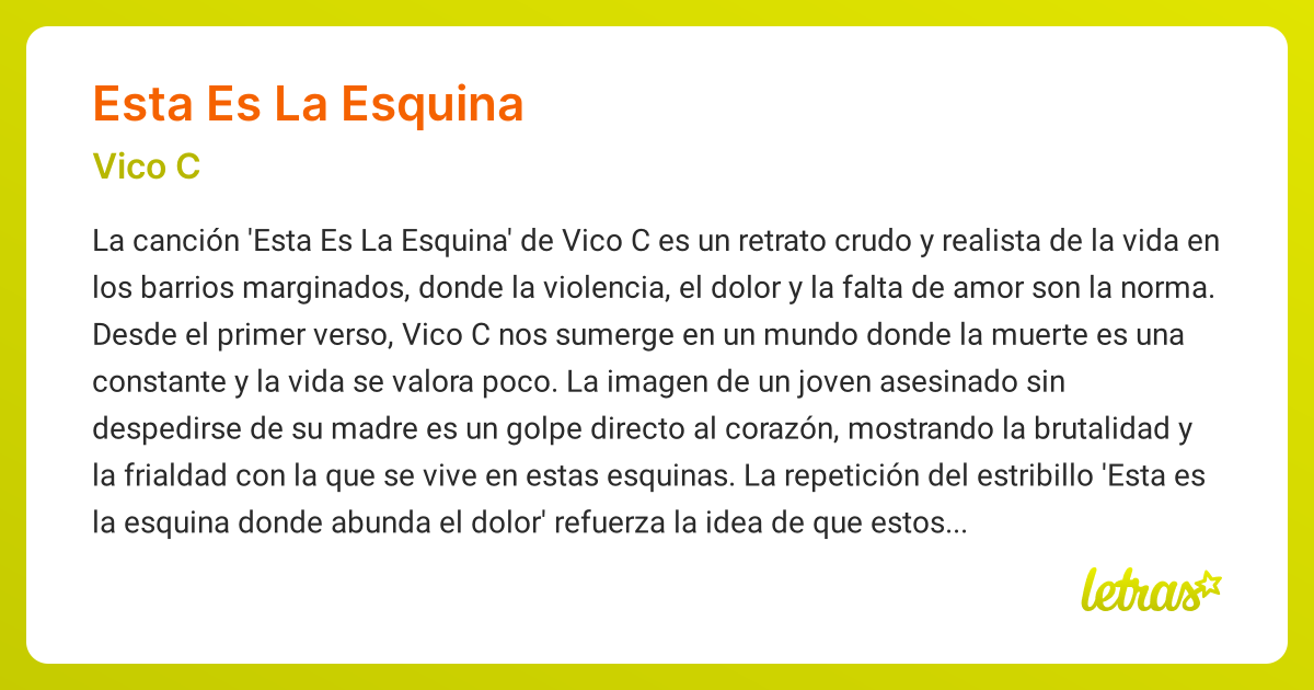 Significado de la canción ESTA ES LA ESQUINA (Vico C) - LETRAS.COM