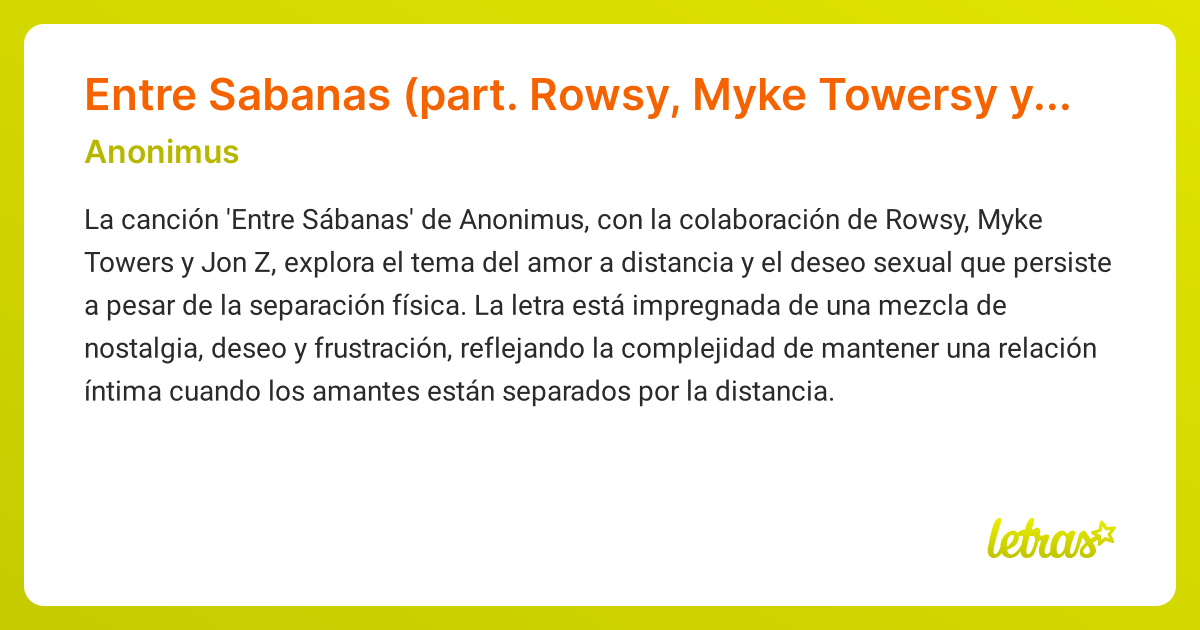 Significado de la canción Entre Sabanas (part. Rowsy, Myke Towersy y ...