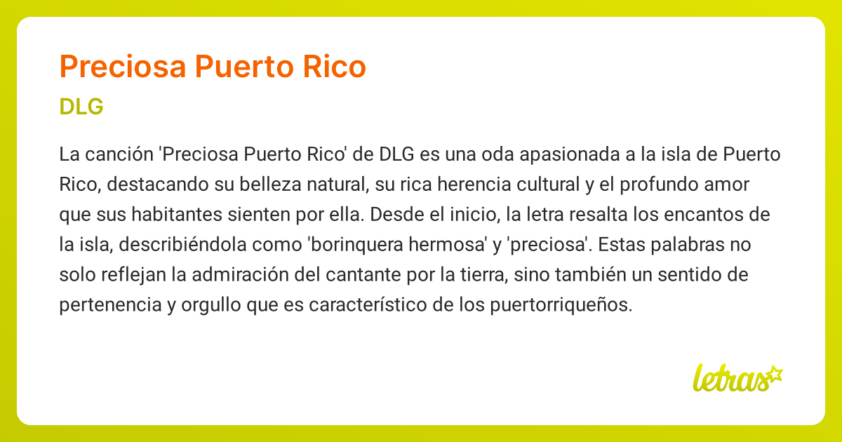 Significado de la canción PRECIOSA PUERTO RICO (DLG) - LETRAS.COM