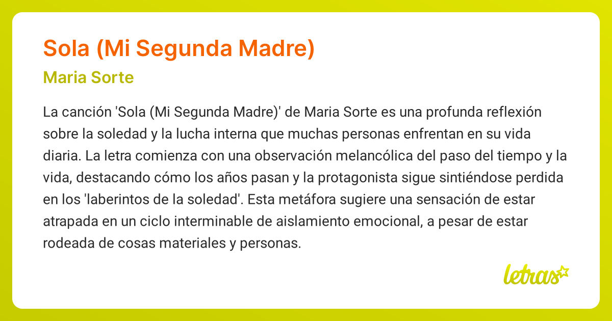 Significado de la canción SOLA (MI SEGUNDA MADRE) (Maria Sorte ...