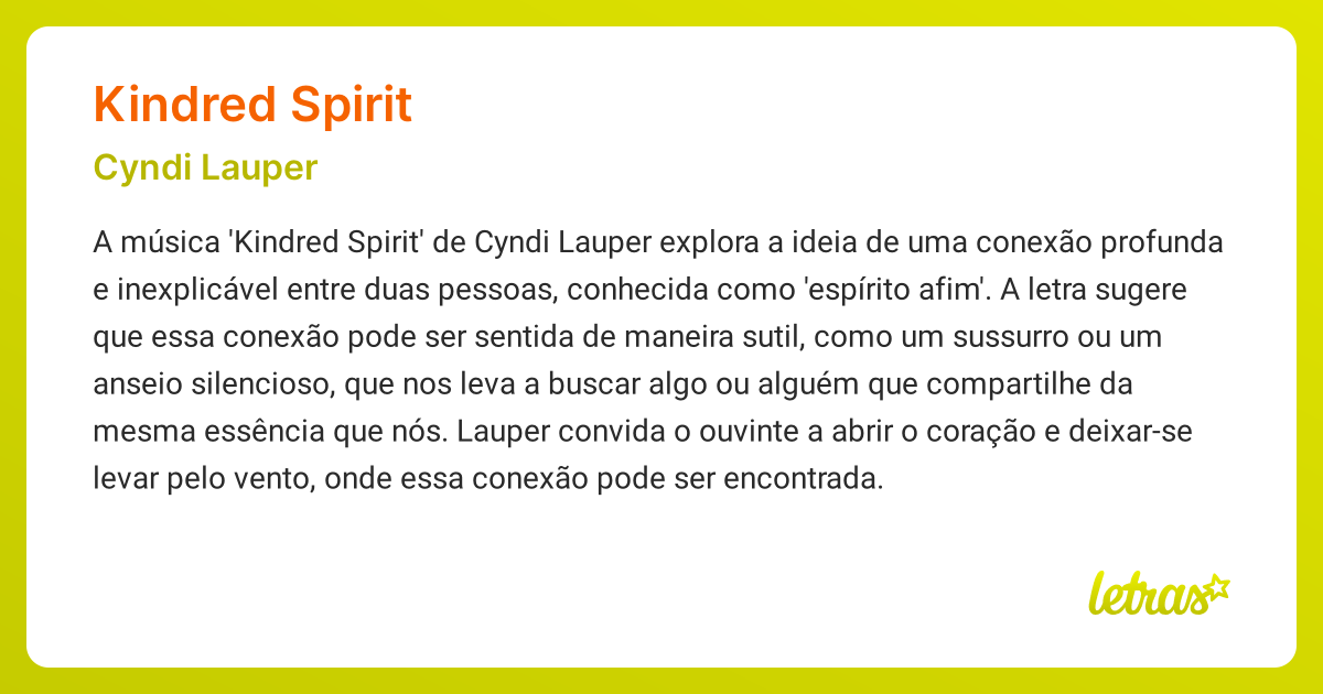 Significado da música KINDRED SPIRIT (Cyndi Lauper) - LETRAS.MUS.BR