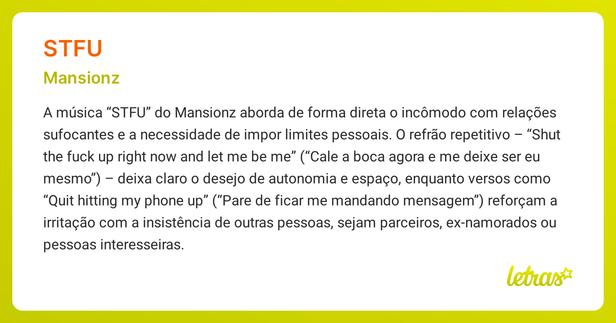 Significado da música STFU (Mansionz) - LETRAS.MUS.BR
