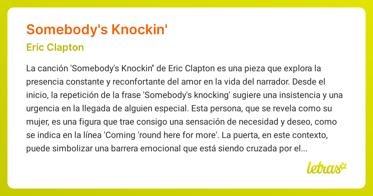 Significado de la canción SOMEBODY'S KNOCKIN' (Eric Clapton) - LETRAS.COM