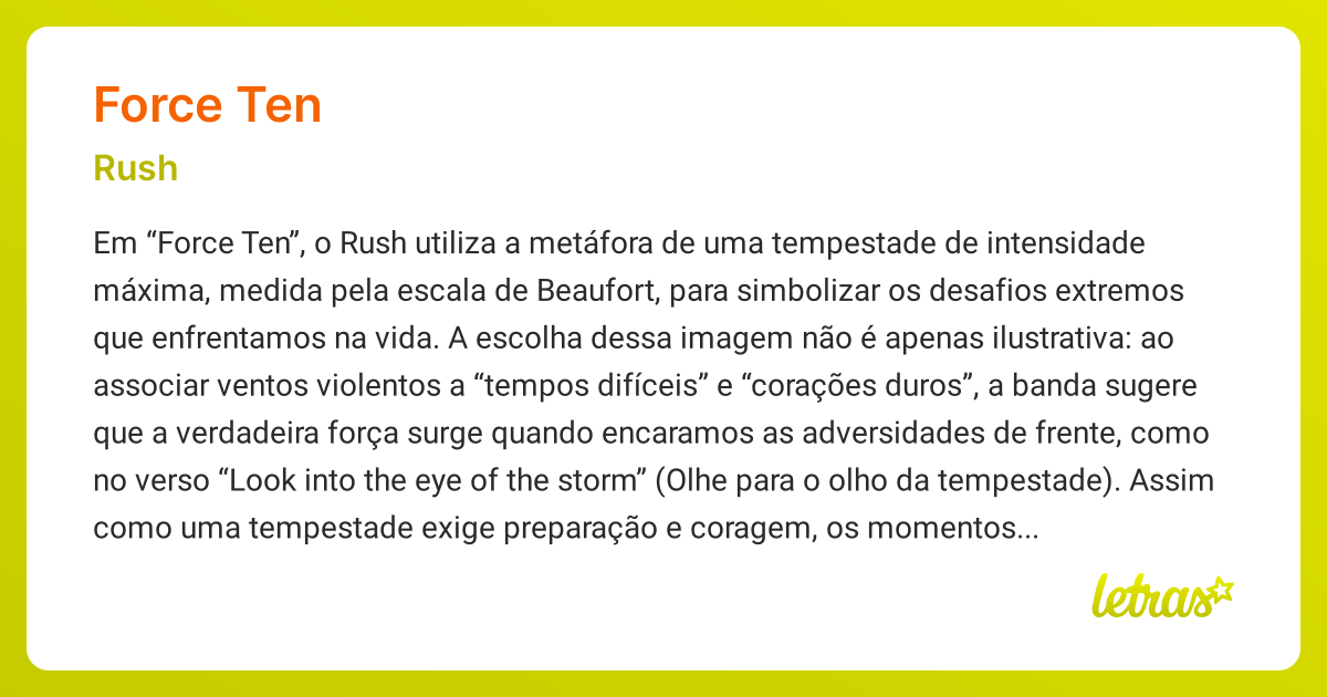 Significado da música FORCE TEN (Rush) - LETRAS.MUS.BR
