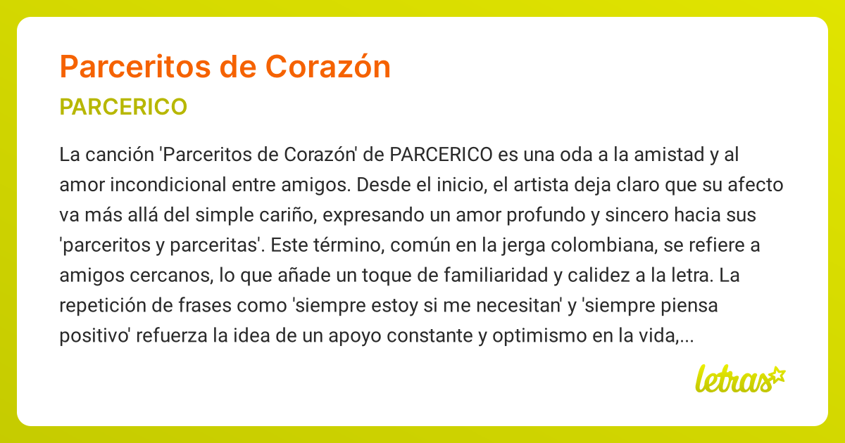 Significado de la canción PARCERITOS DE CORAZÓN (PARCERICO) - LETRAS.COM